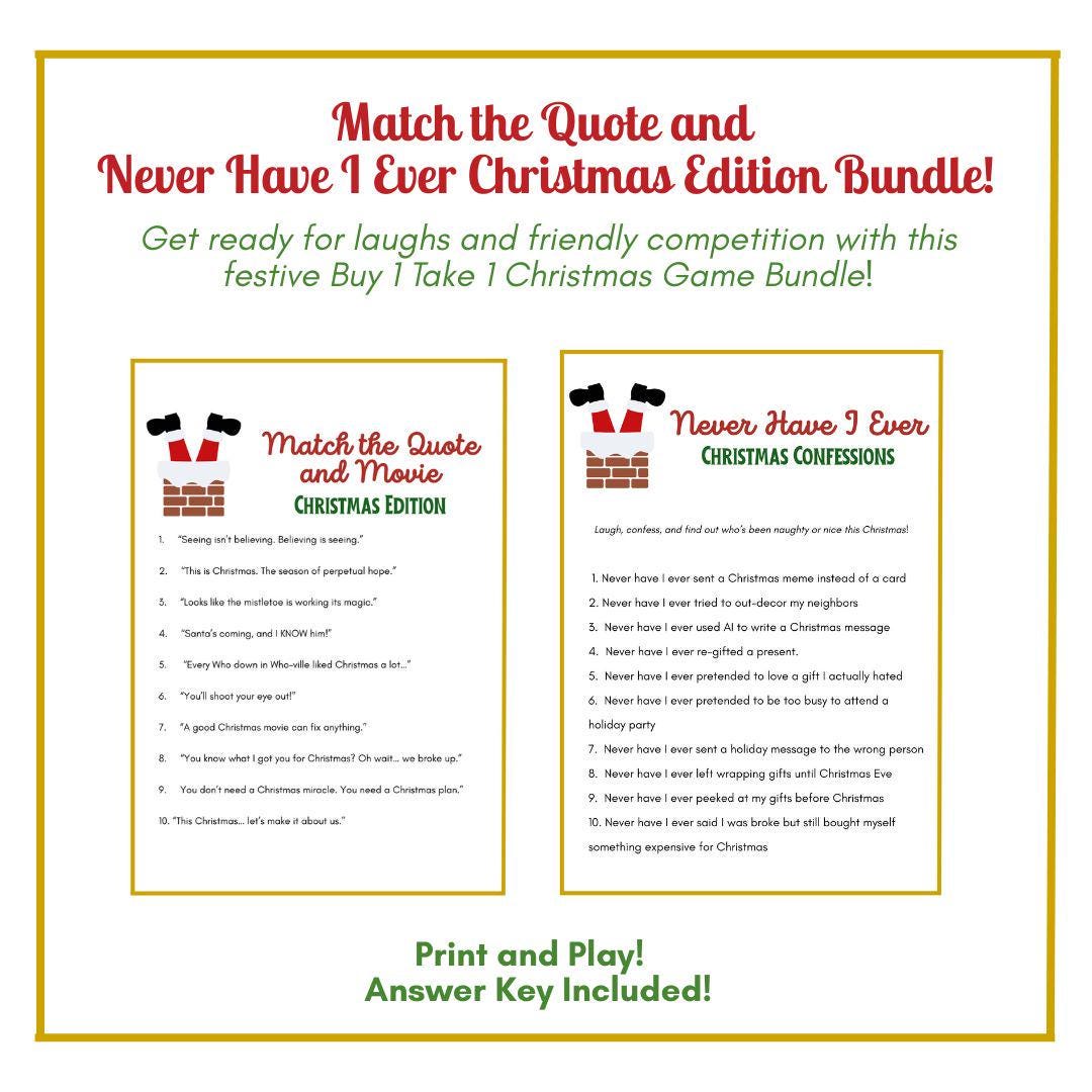 Printable Christmas Party Game Bundle | Match the Movie Quote and Never ...