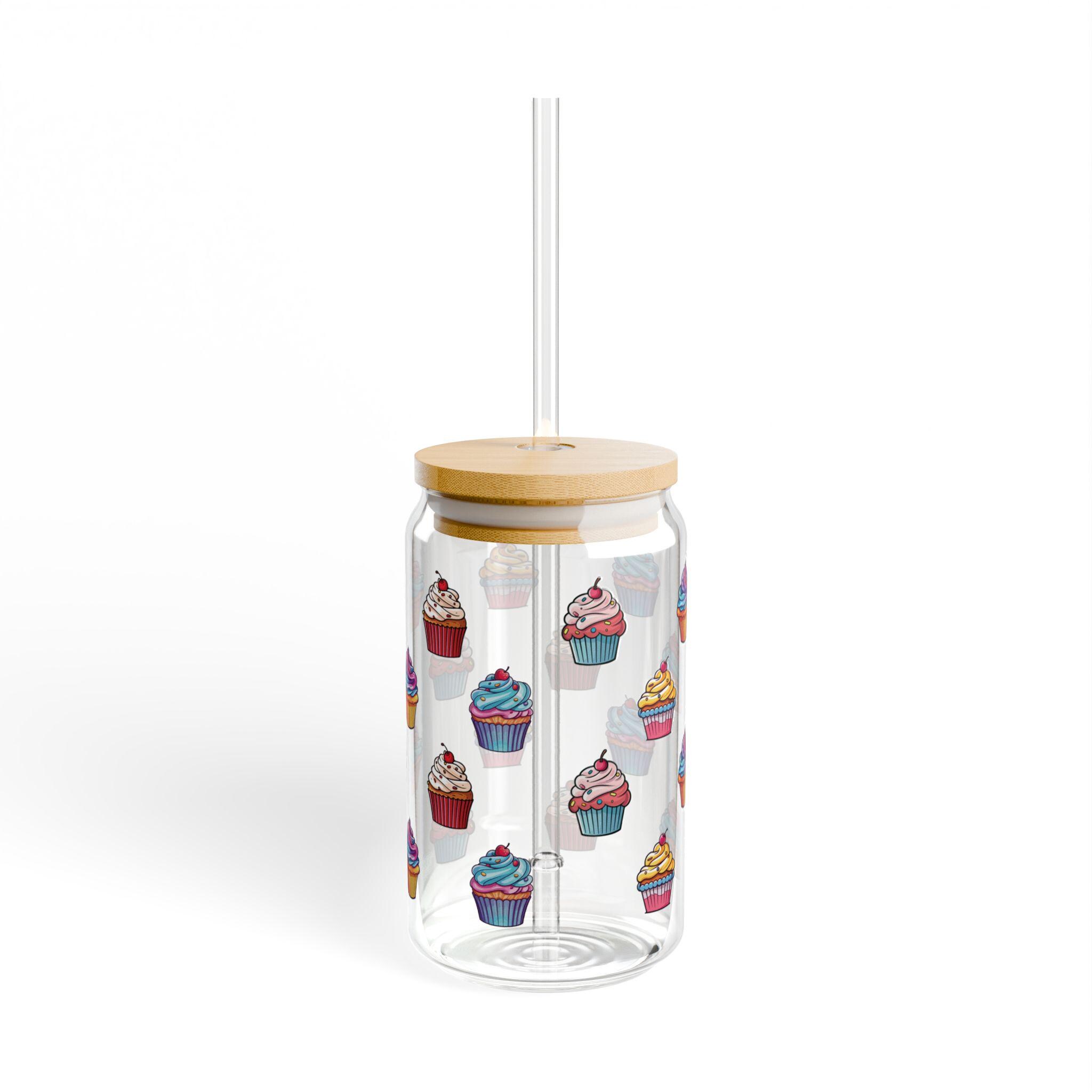 16oz Cupcake Pattern Sipper Glass, Colorful Cupcake Drinkware, Cute ...