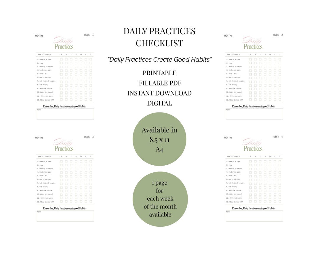 Daily Practices Habits Tracker, Printable Routine Checklist, Self-care ...