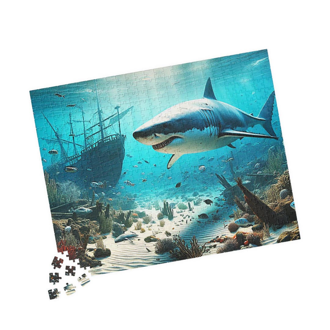 Jigsaw Puzzle, Underwater Shipwreck Shark Scene, Ocean Floor Theme, 520 ...