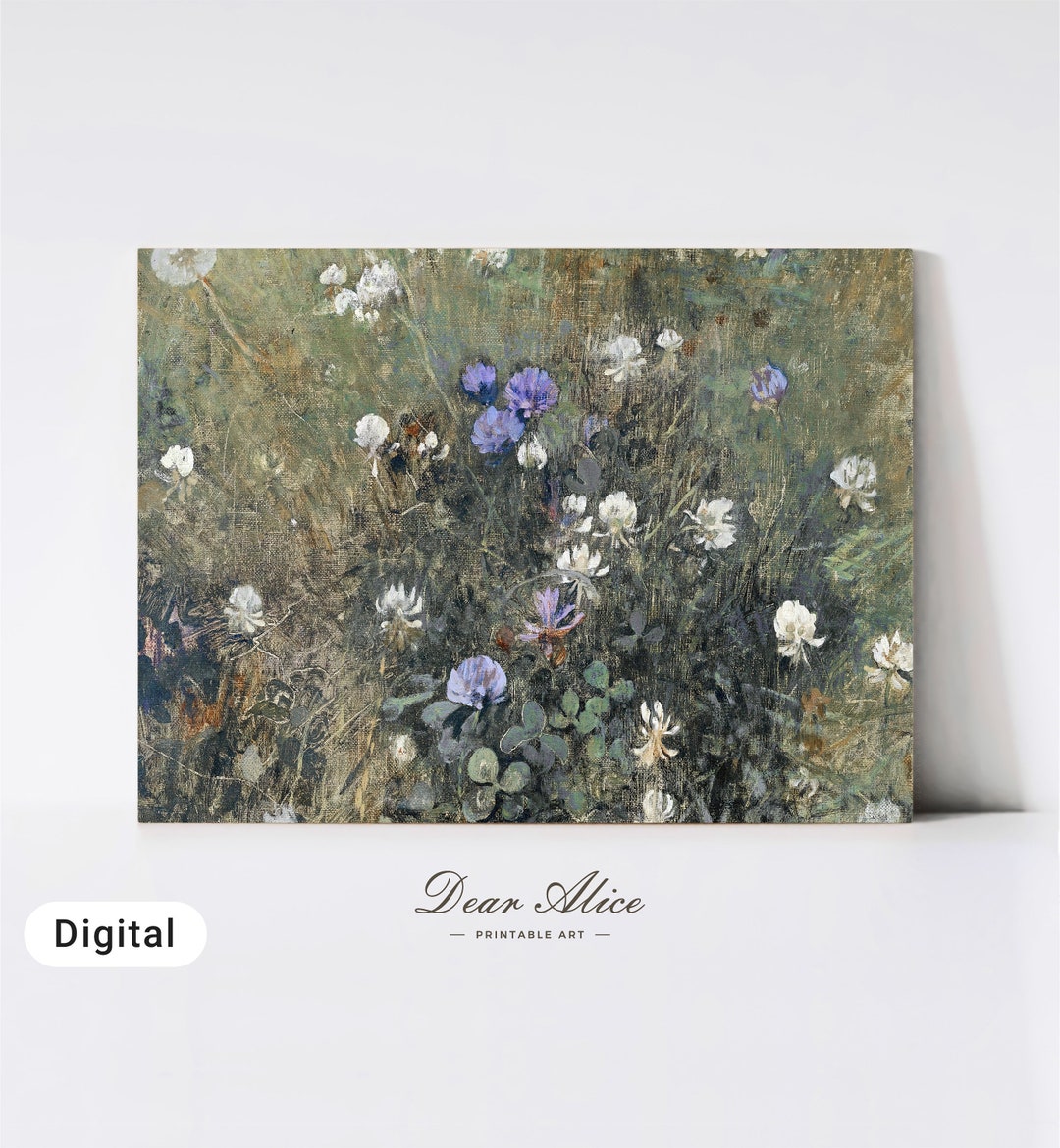 Clover Field in Bloom, Floral PRINTABLE Art, Vintage Painting, Meadow ...