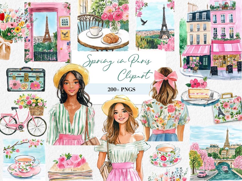 Spring in Paris Watercolor Clipart Set French Chic Digital Illustration ...