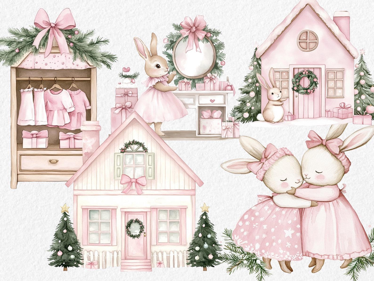 Christmas Bunny Clipart Cute Watercolor Winter Rabbits Digital ...