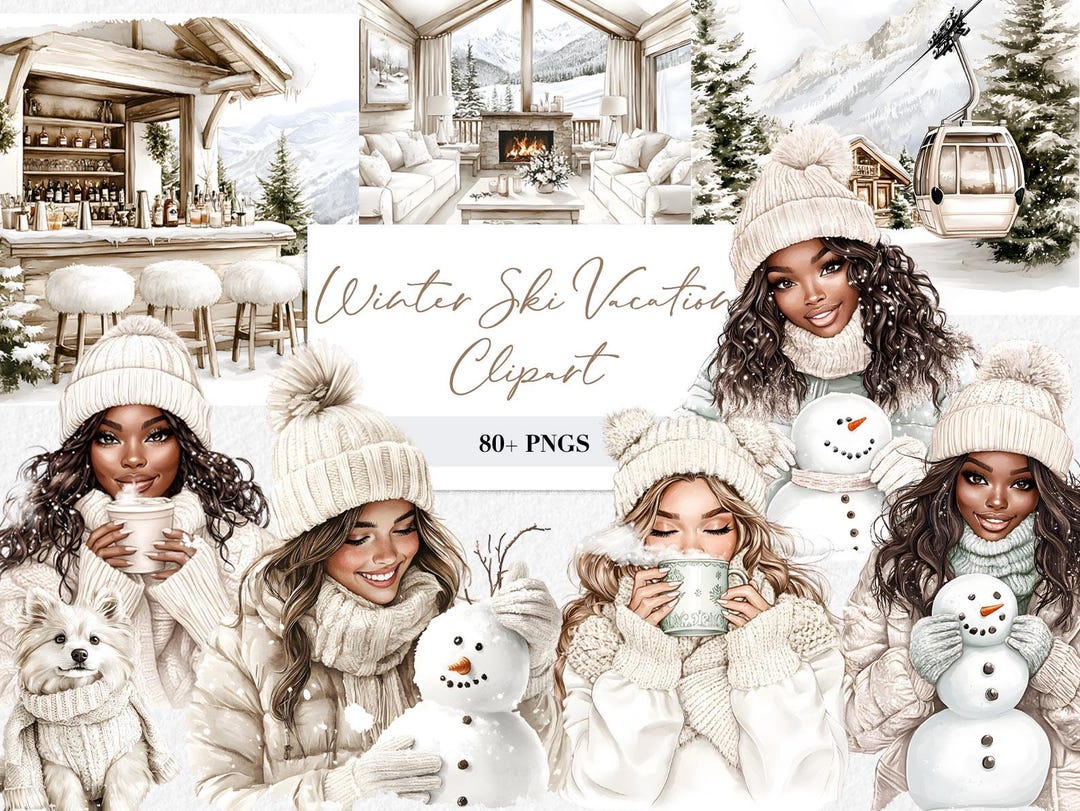 Winter Ski Resort Clipart Watercolour Cozy Chalet Illustration Snow Day ...