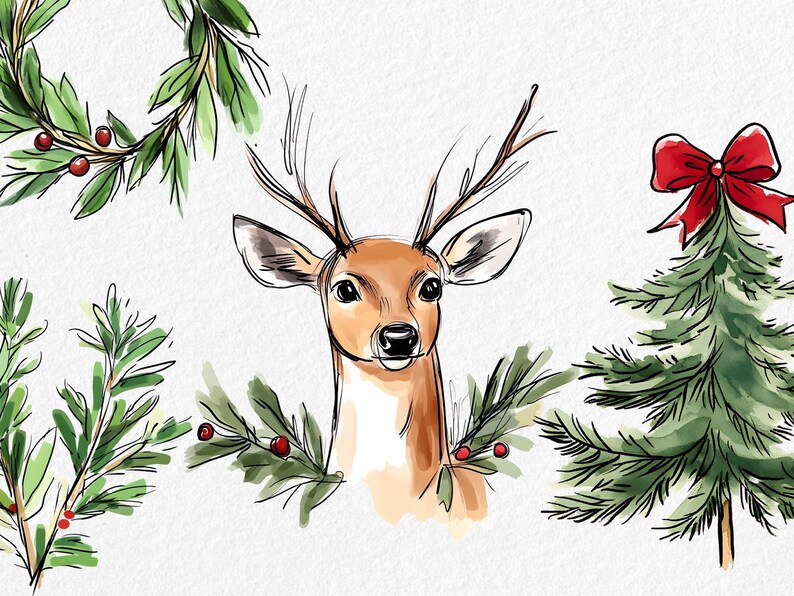 Christmas Greenery Clipart Holiday Tree PNG Xmas Wreath Digital ...