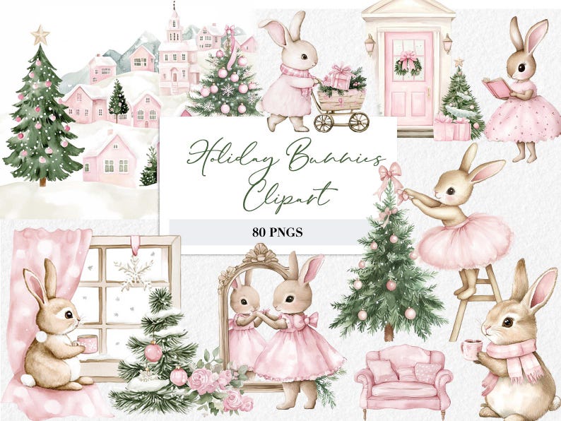 Christmas Bunny Clipart Cute Watercolor Winter Rabbits Digital ...