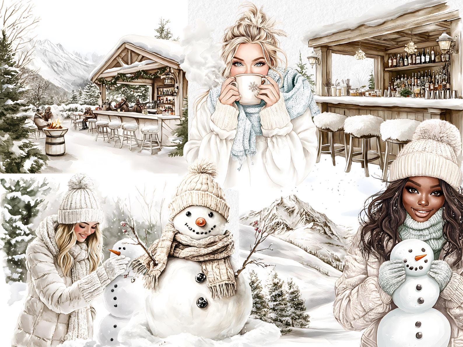 Winter Ski Resort Clipart Watercolour Cozy Chalet Illustration Snow Day ...