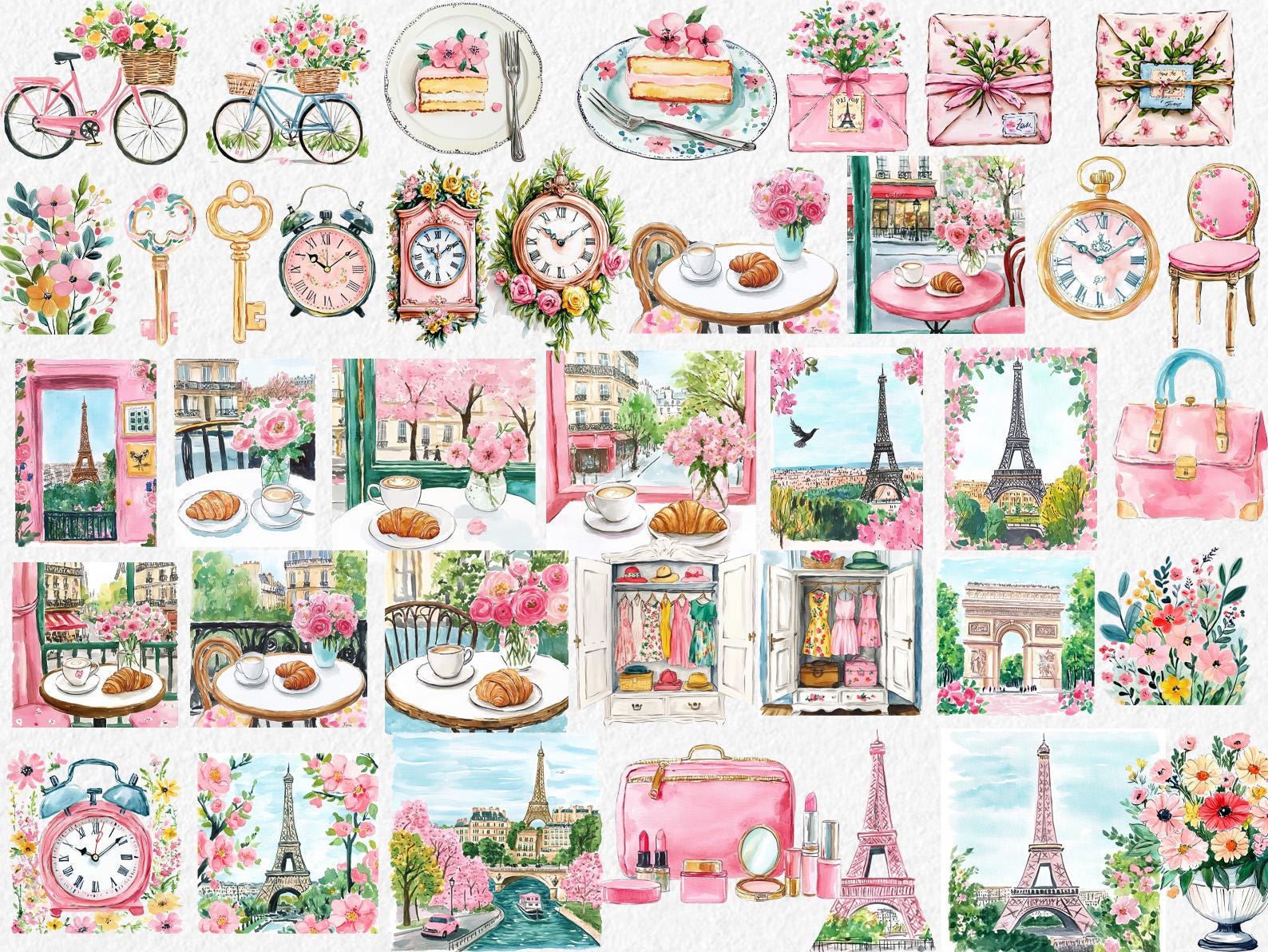 Spring in Paris Watercolor Clipart Set French Chic Digital Illustration ...