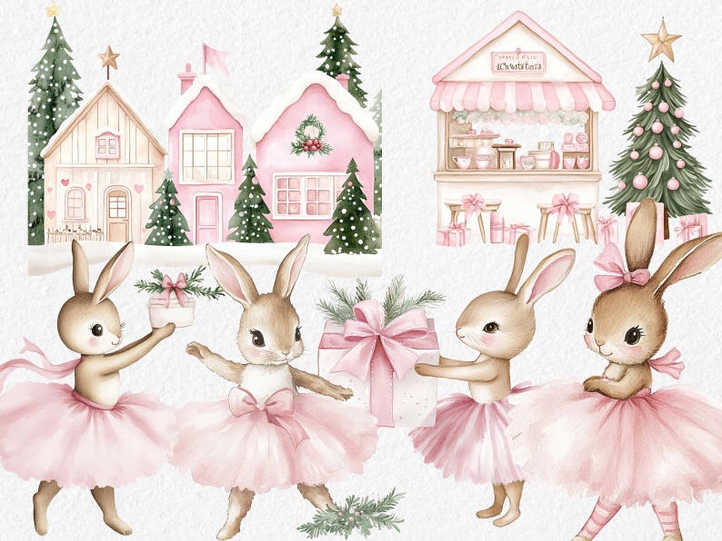 Christmas Bunny Clipart Cute Watercolor Winter Rabbits Digital ...