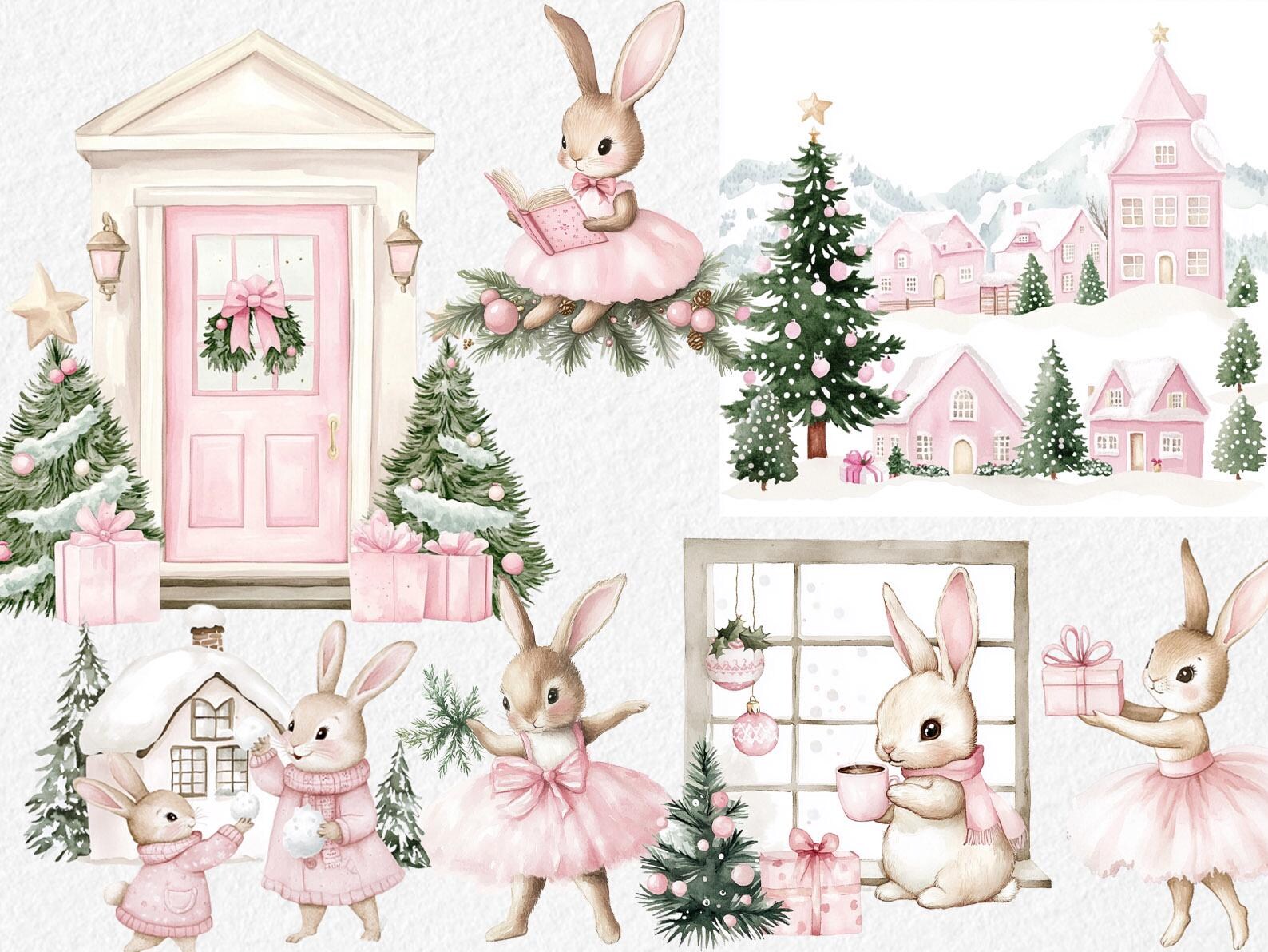Christmas Bunny Clipart Cute Watercolor Winter Rabbits Digital ...