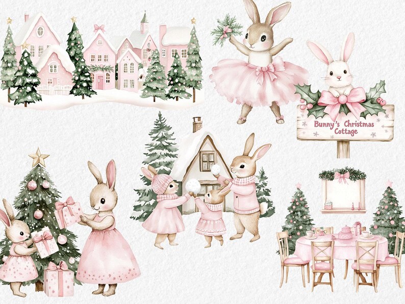 Christmas Bunny Clipart Cute Watercolor Winter Rabbits Digital ...
