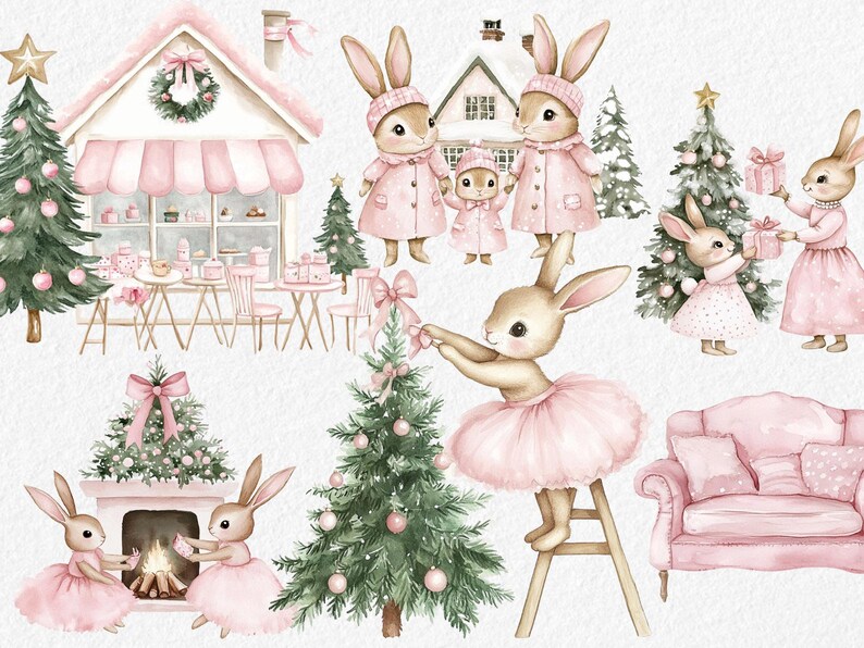 Christmas Bunny Clipart Cute Watercolor Winter Rabbits Digital ...