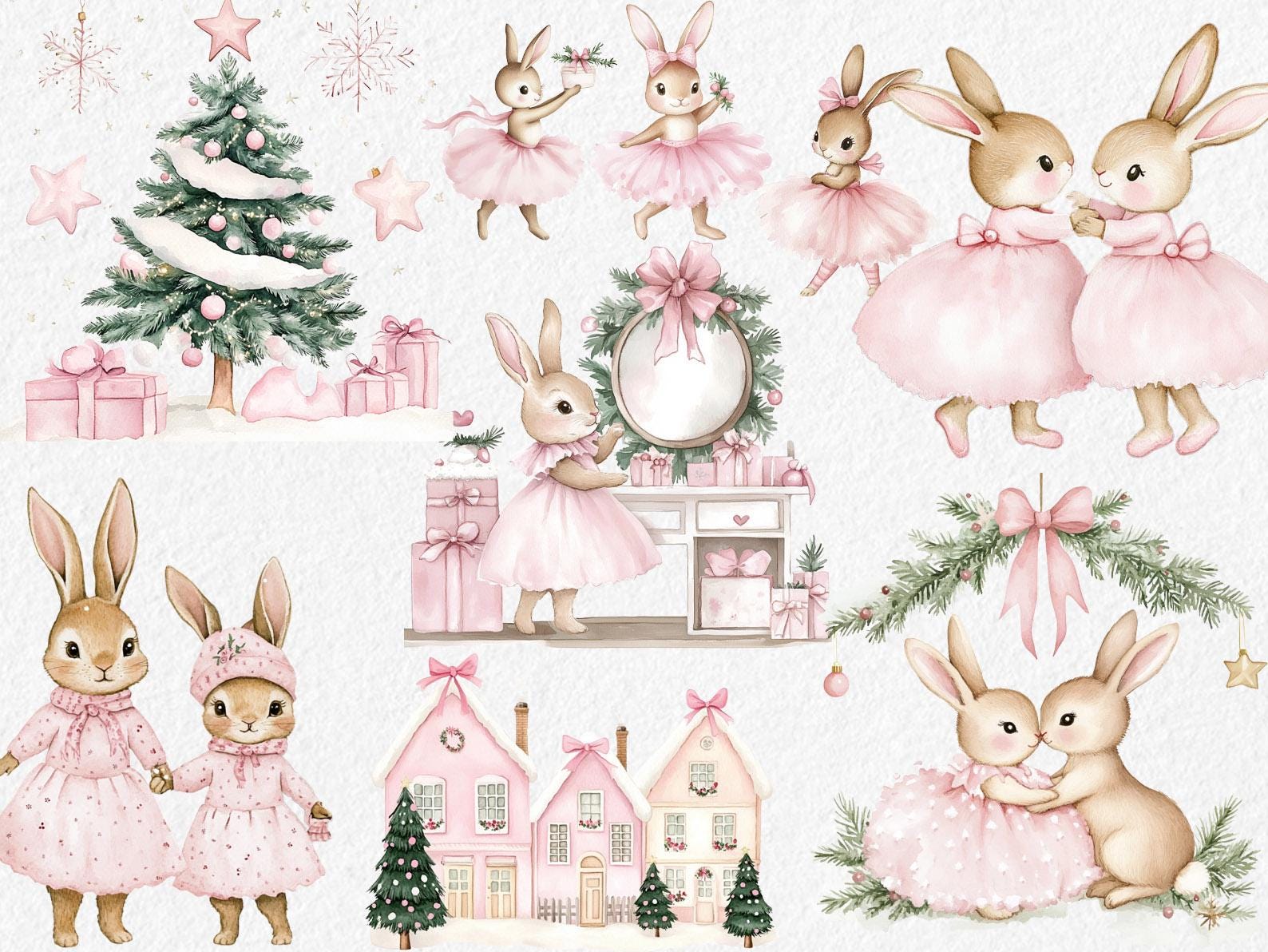 Christmas Bunny Clipart Cute Watercolor Winter Rabbits Digital ...