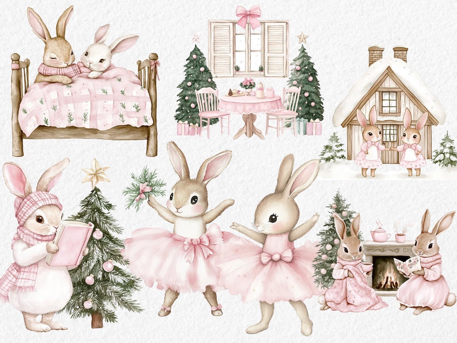 Christmas Bunny Clipart Cute Watercolor Winter Rabbits Digital ...