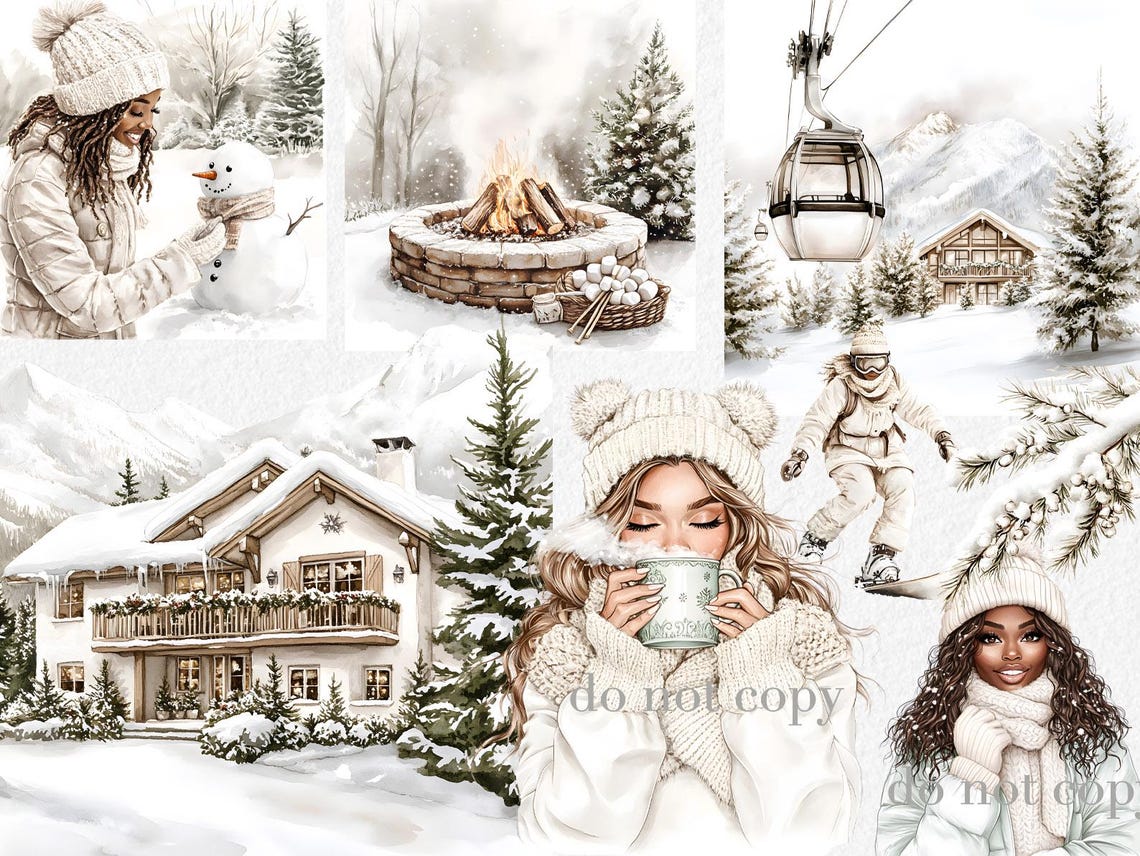 Winter Ski Resort Clipart Watercolour Cozy Chalet Illustration Snow Day ...