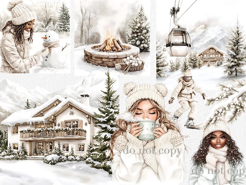 Winter Ski Resort Clipart Watercolour Cozy Chalet Illustration Snow Day ...