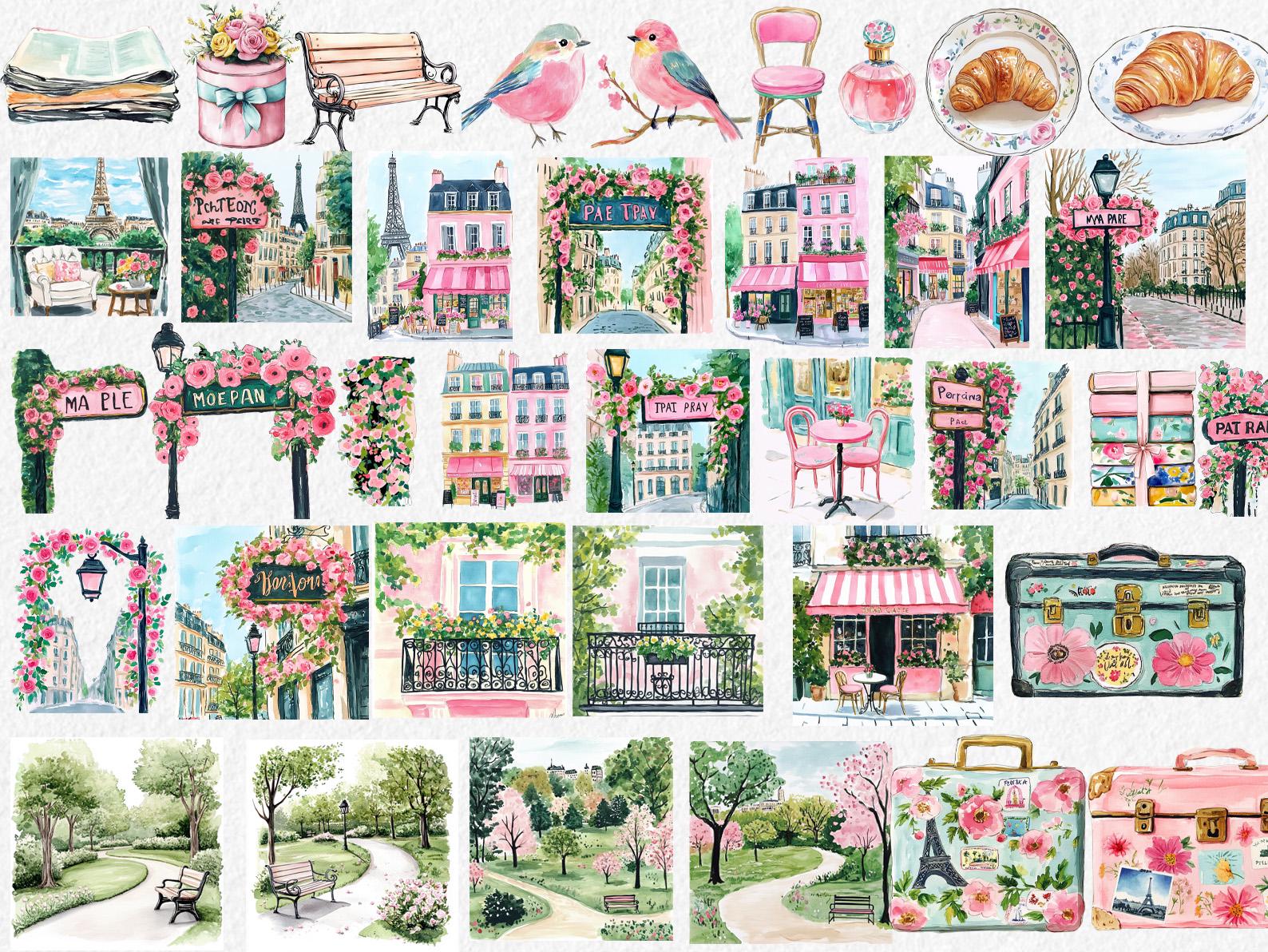 Spring in Paris Watercolor Clipart Set French Chic Digital Illustration ...