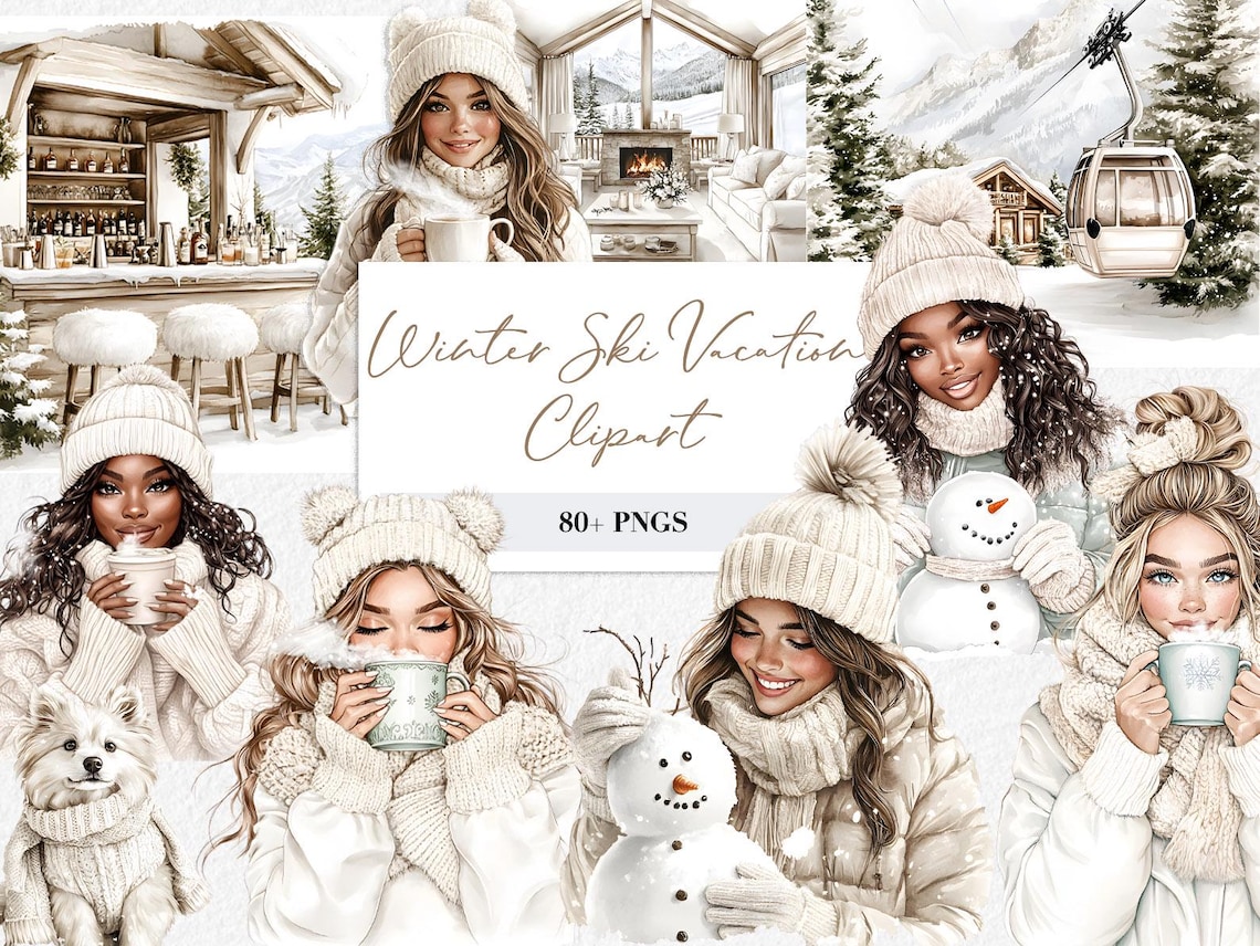 Winter Ski Resort Clipart Watercolour Cozy Chalet Illustration Snow Day ...
