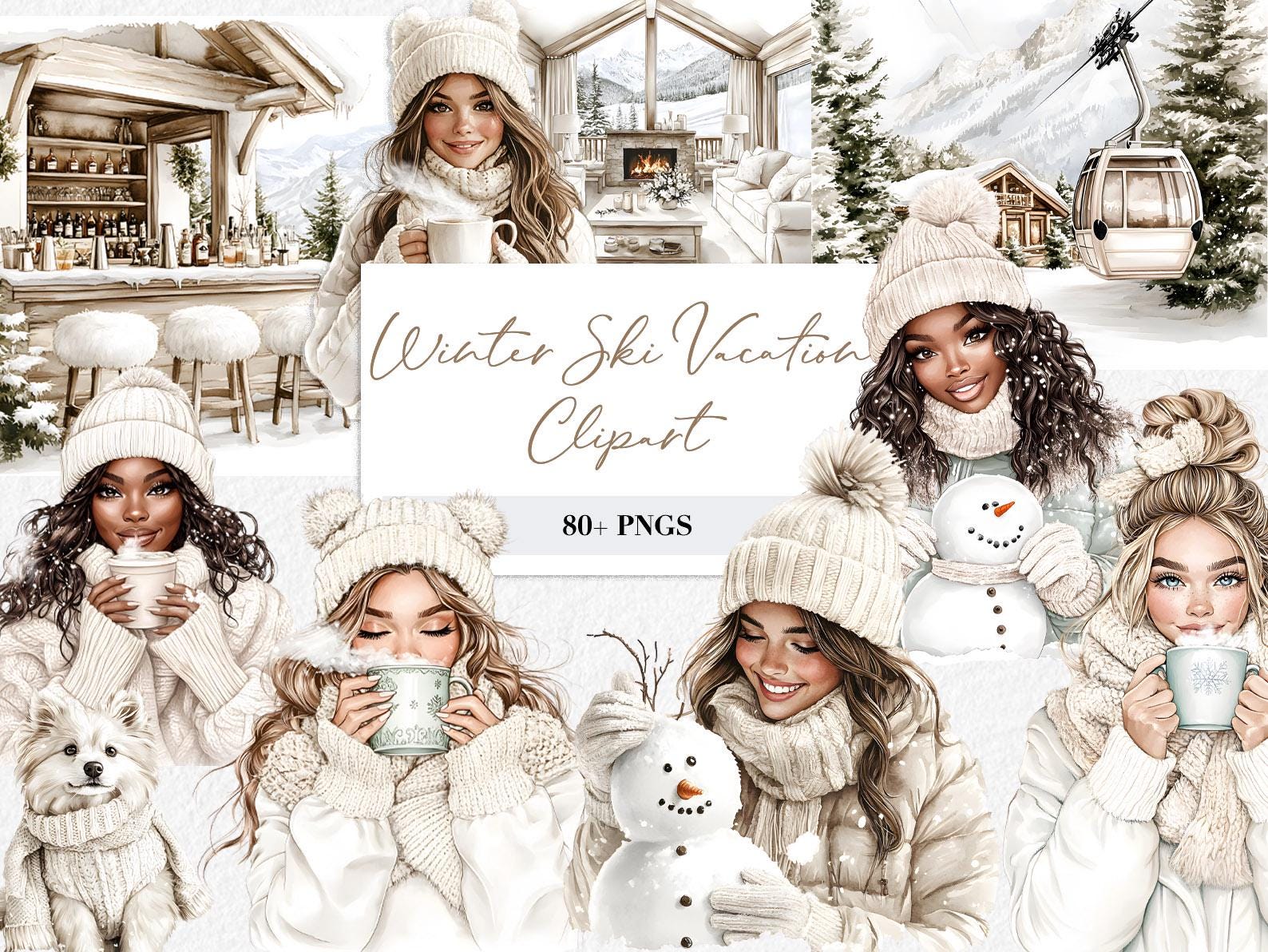 Winter Ski Resort Clipart Watercolour Cozy Chalet Illustration Snow Day ...