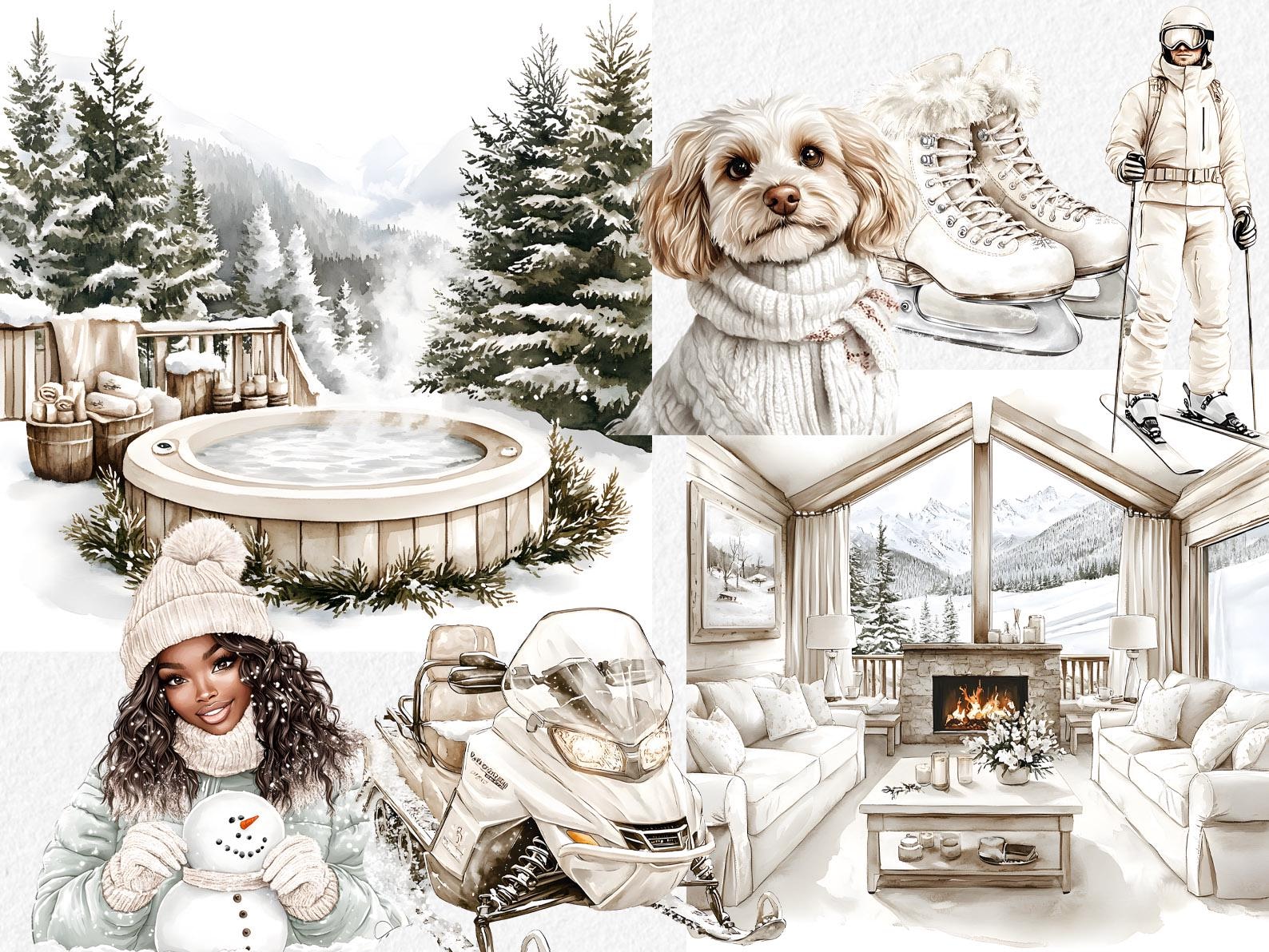 Winter Ski Resort Clipart Watercolour Cozy Chalet Illustration Snow Day ...