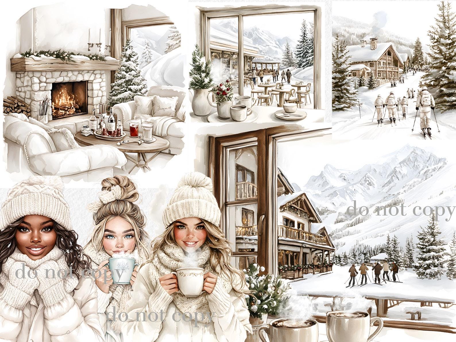 Winter Ski Resort Clipart Watercolour Cozy Chalet Illustration Snow Day ...