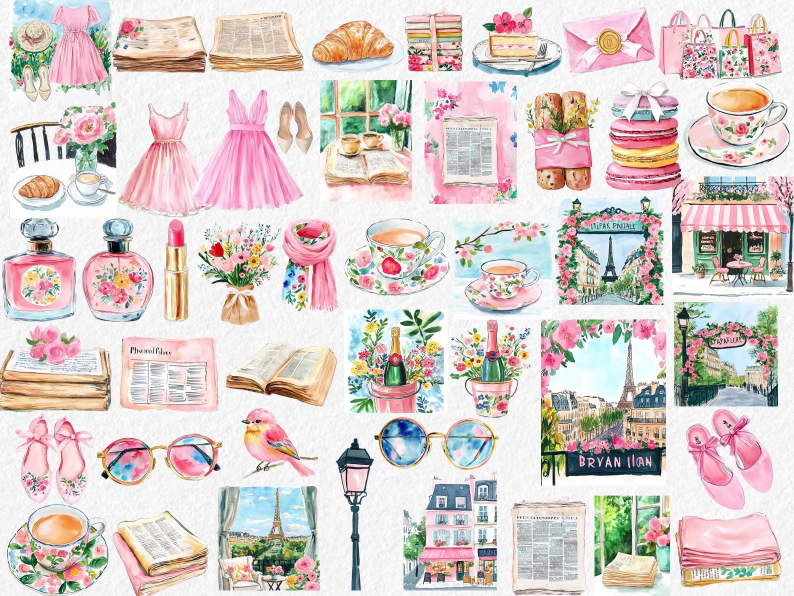Spring in Paris Watercolor Clipart Set French Chic Digital Illustration ...