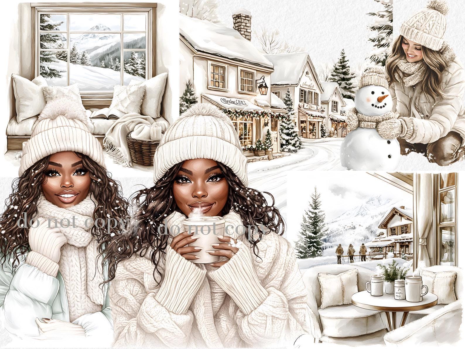 Winter Ski Resort Clipart Watercolour Cozy Chalet Illustration Snow Day ...