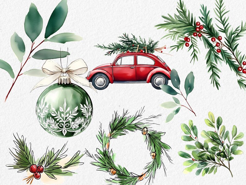 Christmas Greenery Clipart Holiday Tree PNG Xmas Wreath Digital ...