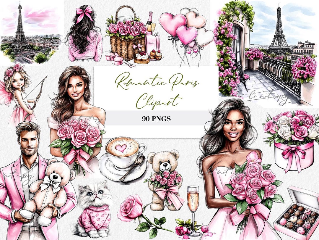 Valentine’s Day Clipart Romantic Paris Watercolour Cupid Theme ...