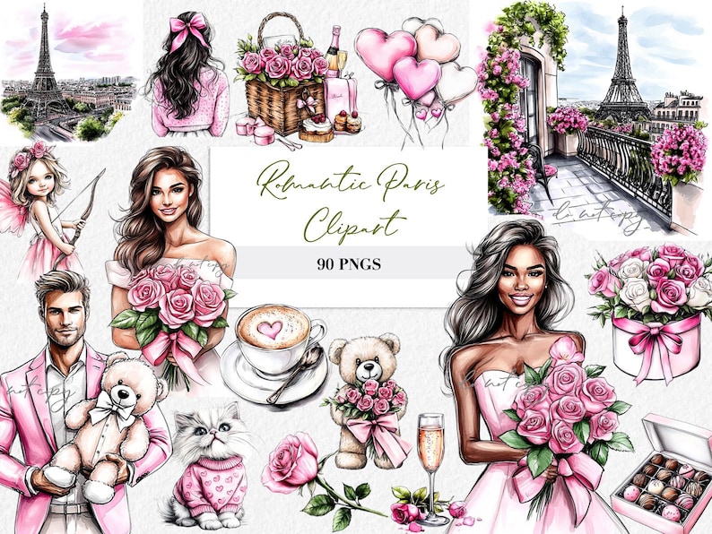 Valentine’s Day Clipart Romantic Paris Watercolour Cupid Theme ...