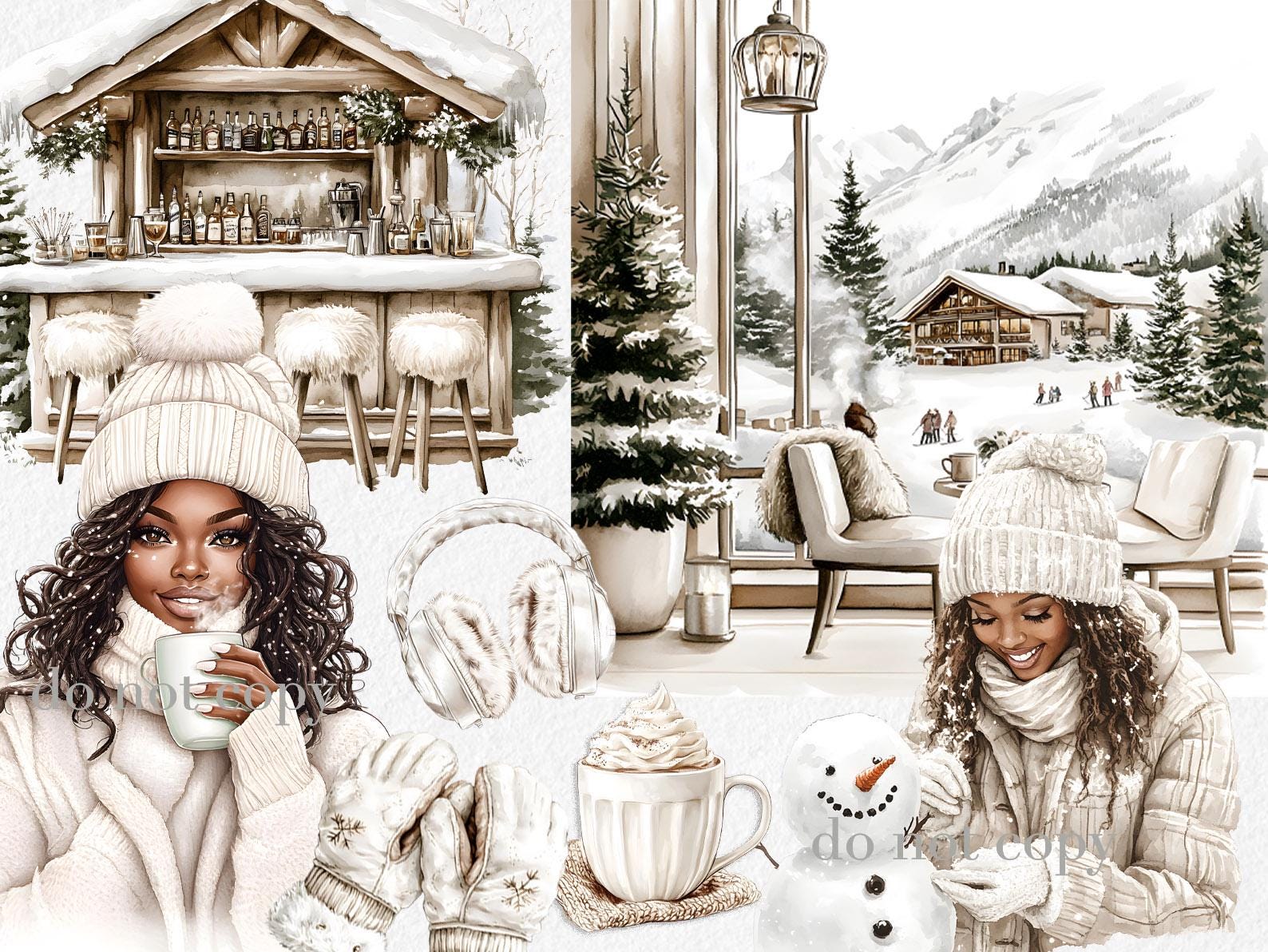 Winter Ski Resort Clipart Watercolour Cozy Chalet Illustration Snow Day ...