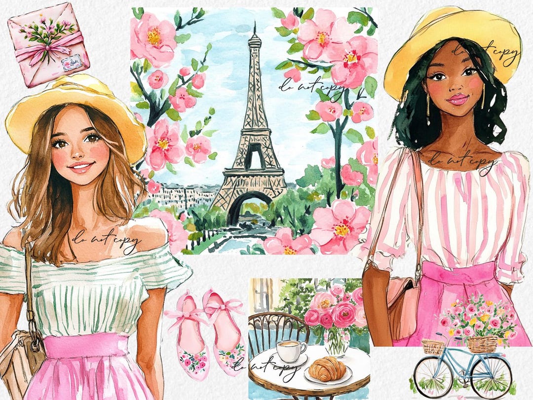 Spring in Paris Watercolor Clipart Set French Chic Digital Illustration ...