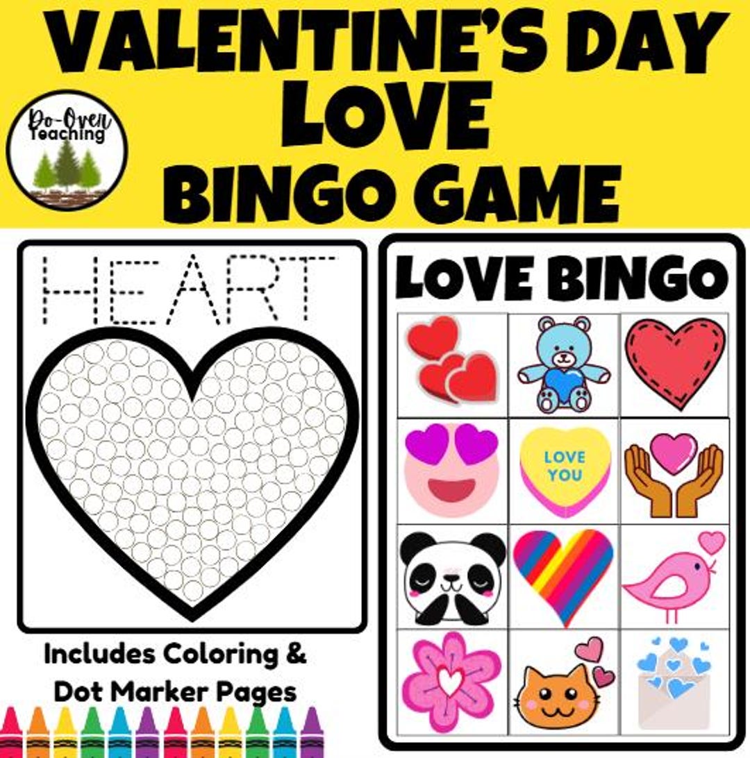 Valentine's Day Heart and Love Bingo Game Plus Coloring and Dot Marker ...