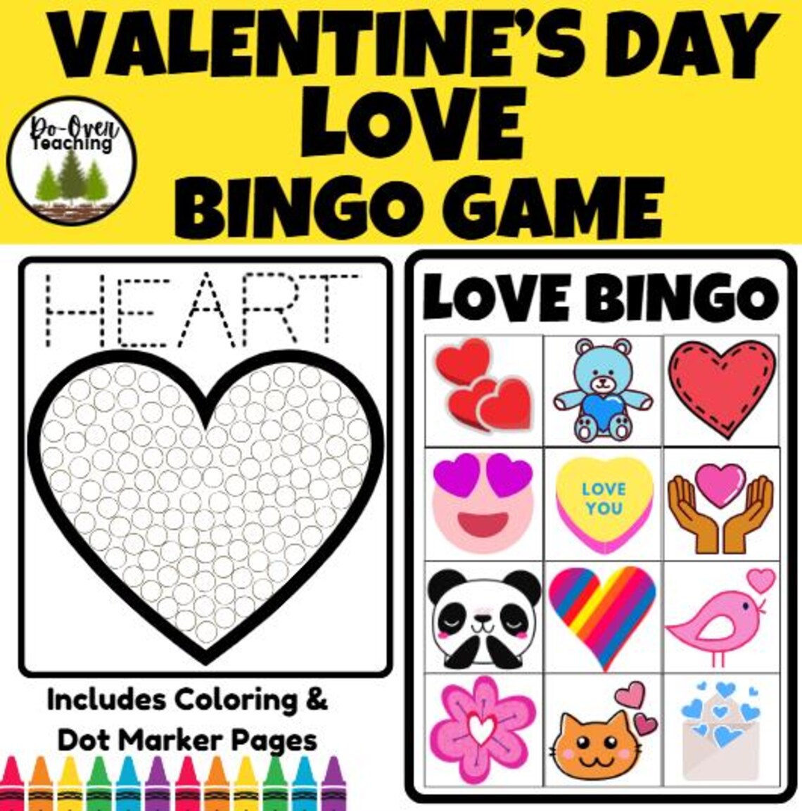 Valentine's Day Heart and Love Bingo Game Plus Coloring and Dot Marker ...