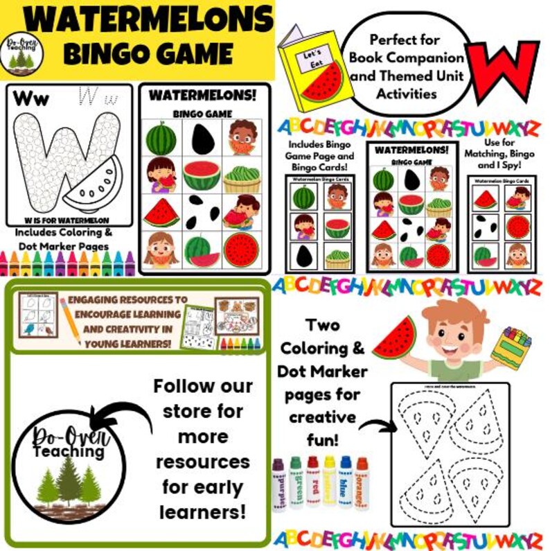 Watermelons Bingo Game Plus Coloring and Dot Marker Page for Preschool ...