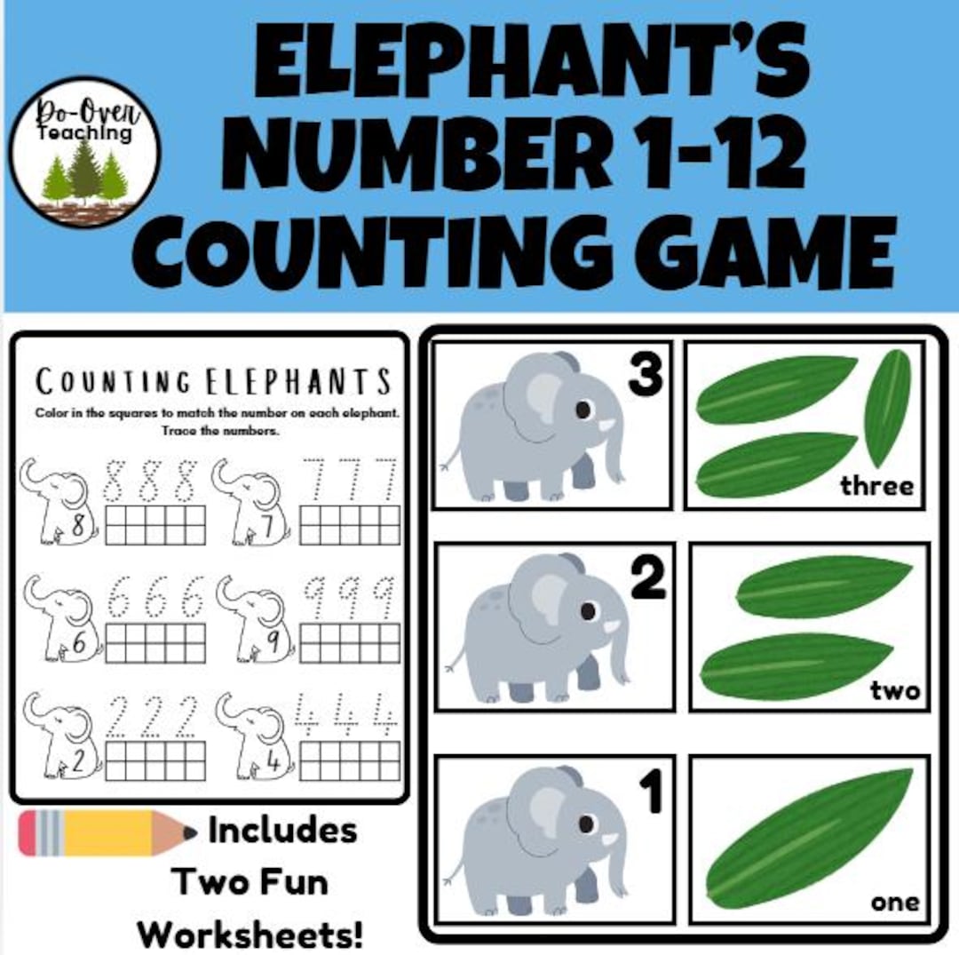Elephant Number 1 to 12 Count and Match Math Game Plus Math Worksheets ...