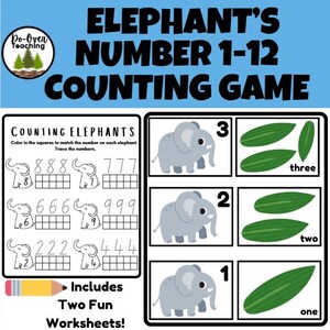 Elephant Number 1 to 12 Count and Match Math Game Plus Math Worksheets ...