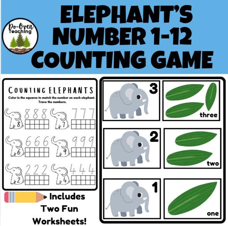 Elephant Number 1 to 12 Count and Match Math Game Plus Math Worksheets ...
