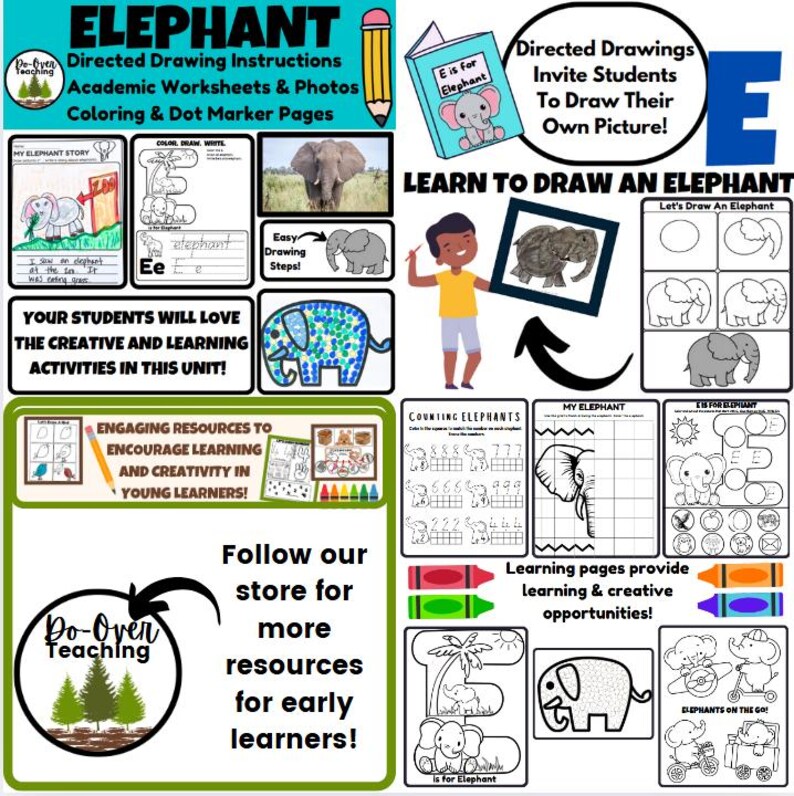 Elephant Activities Directed Drawing, Academic Worksheets, Coloring ...