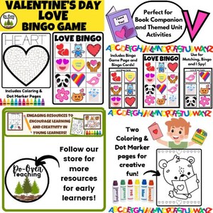 Valentine's Day Heart and Love Bingo Game Plus Coloring and Dot Marker ...