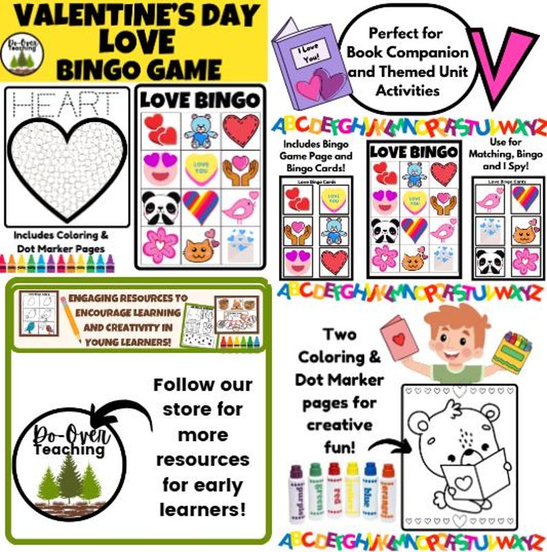 Valentine's Day Heart and Love Bingo Game Plus Coloring and Dot Marker ...