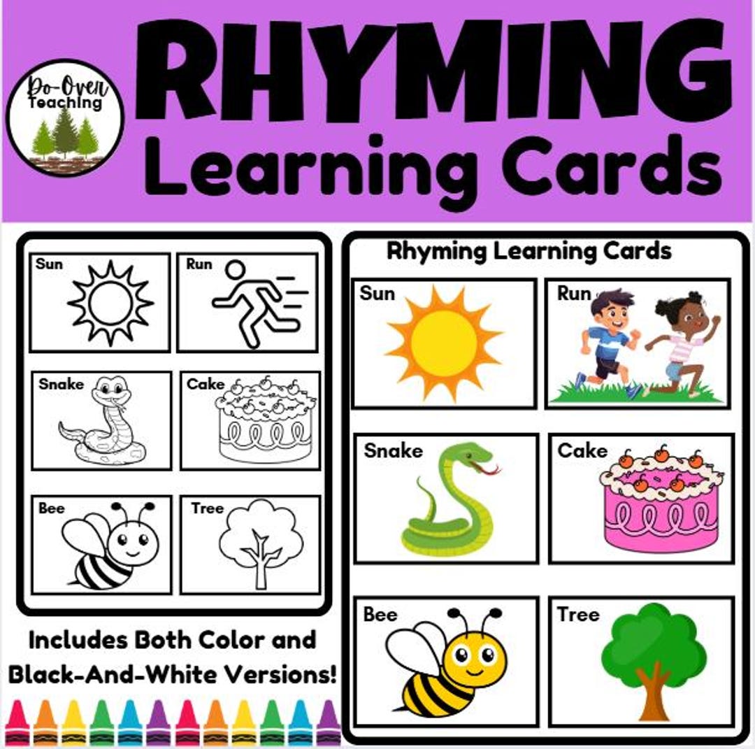 Rhyming Learning Cards & No-prep Craft Literacy Preschool Kindergarten ...