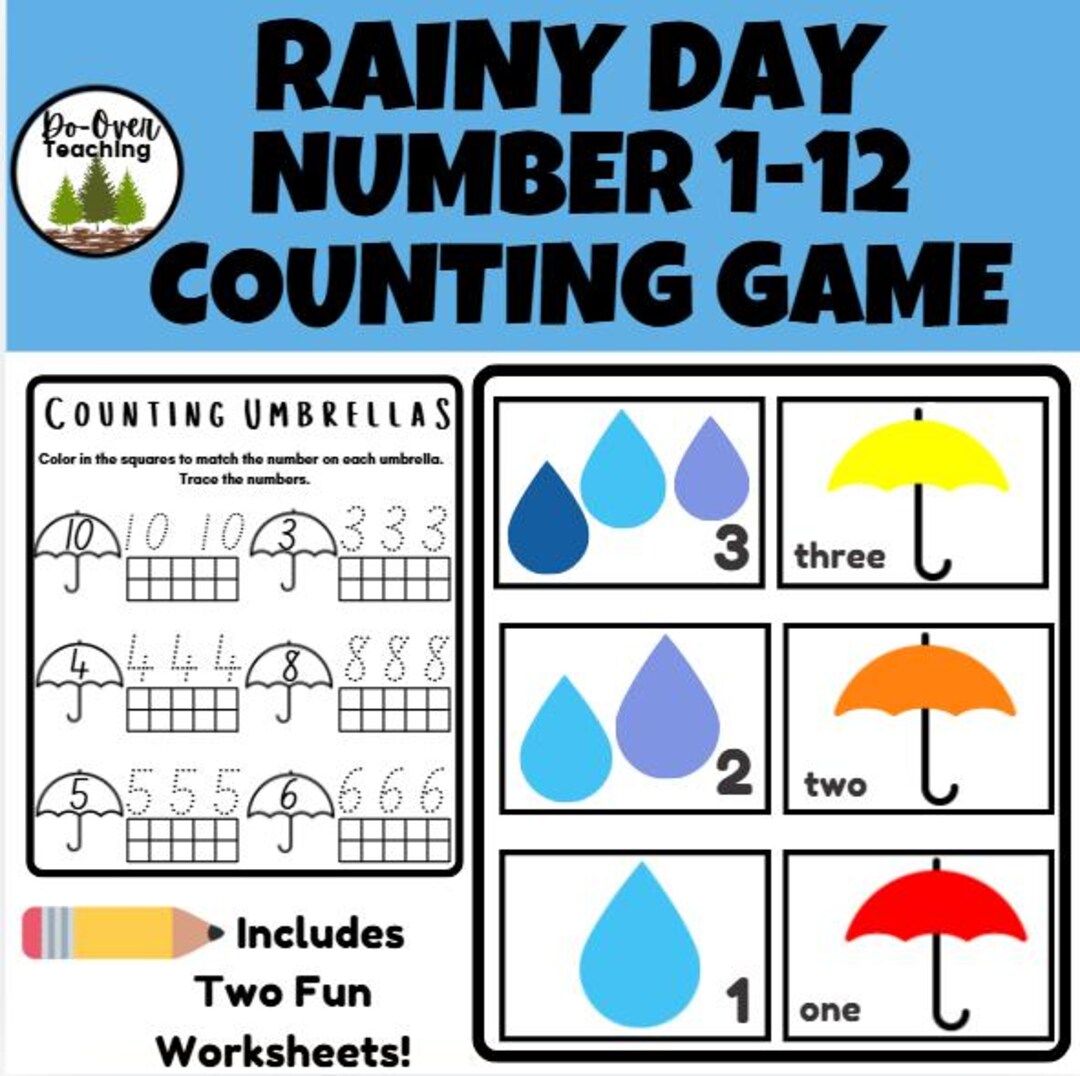 Rainy Day Number 1-12 Count & Match Math Game Plus Math Worksheets - Etsy