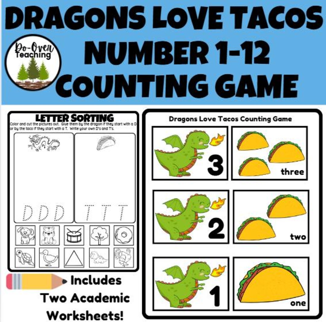 Dragons Love Tacos 1-12 Counting Numbers Math Game Plus Worksheets Book ...