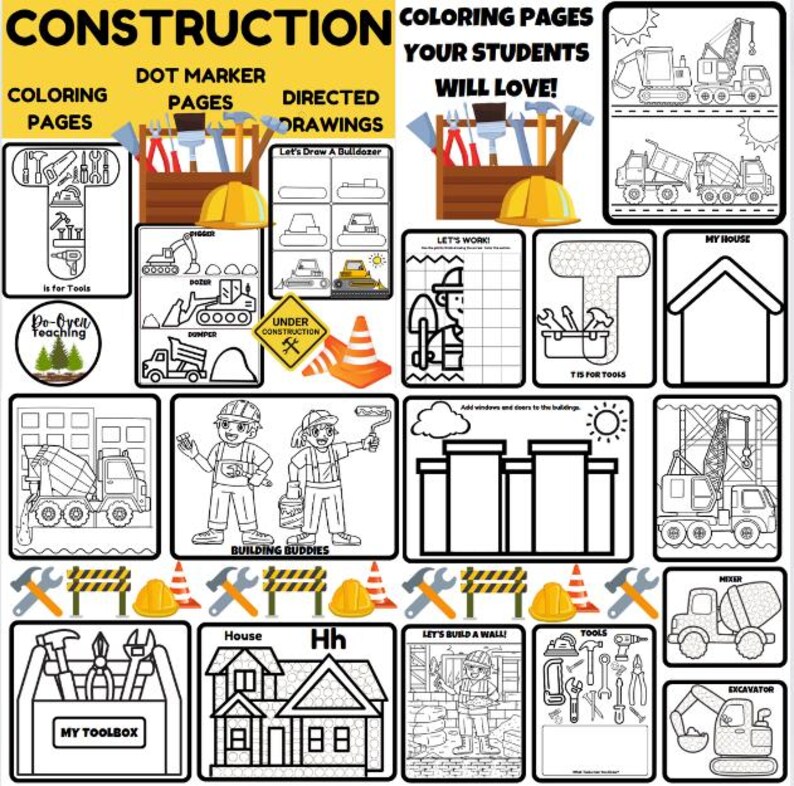 Construction and Building Coloring and Dot Marker Pages Plus Directed ...