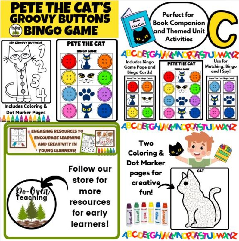 Pete the Cat's Groovy Buttons Bingo Game Plus Coloring & Dot Marker ...