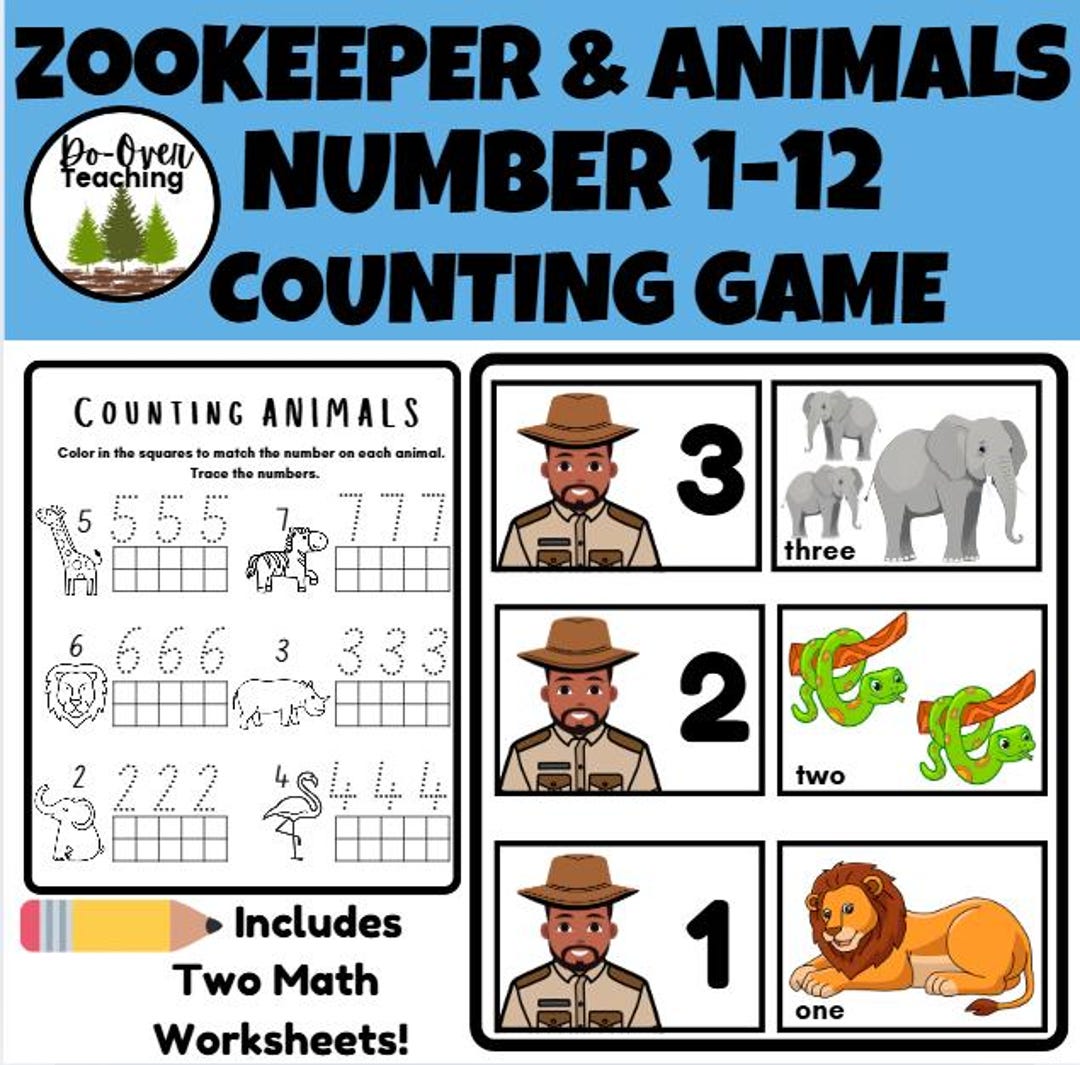 Zookeeper & Zoo Animals Number 1-12 Counting Math Game Plus Two Math ...