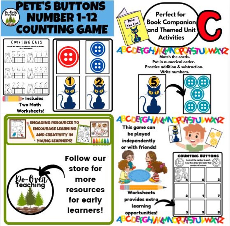 Pete the Cat Buttons Number 1-12 Count & Match Math Game Plus Math ...