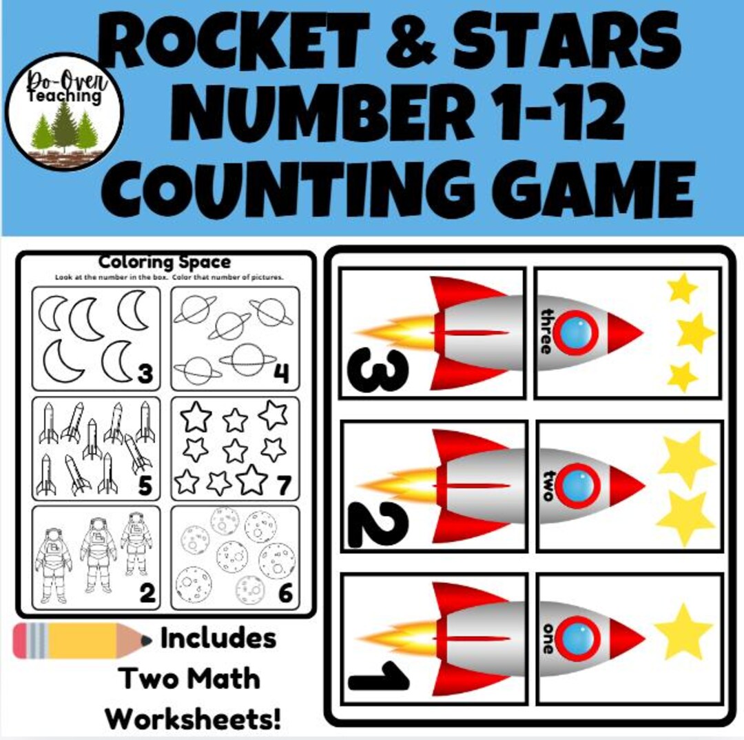 Rocket and Stars Space Number 1 to 12 Count and Match Math Game Plus ...