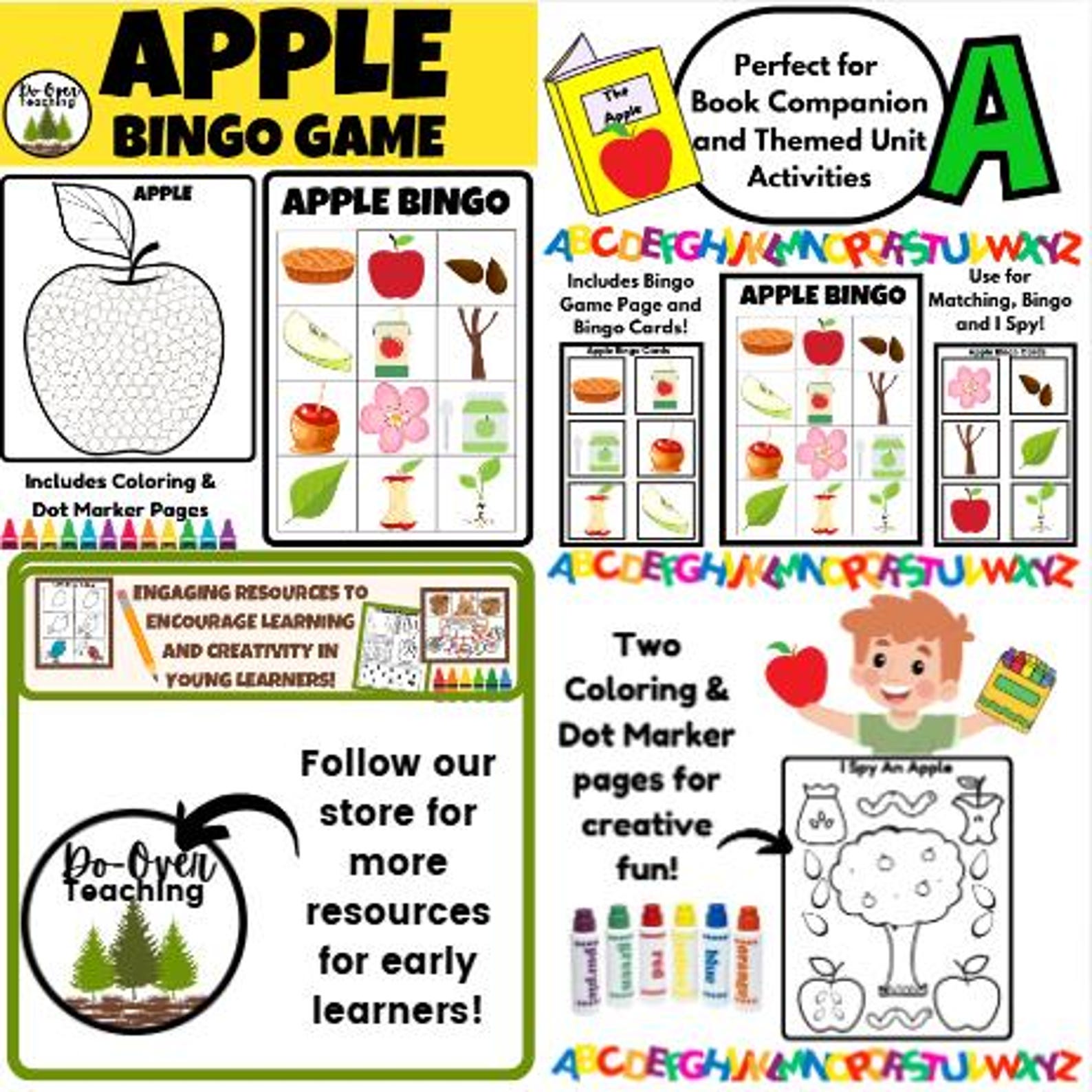 Apple Bingo Game Plus Coloring and Dot Marker Page for Preschool and ...
